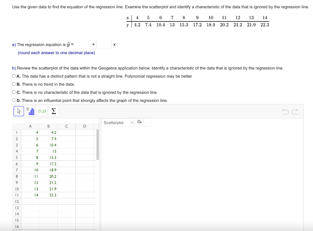 Solved a) The regression equation is y^=+x (round each | Chegg.com