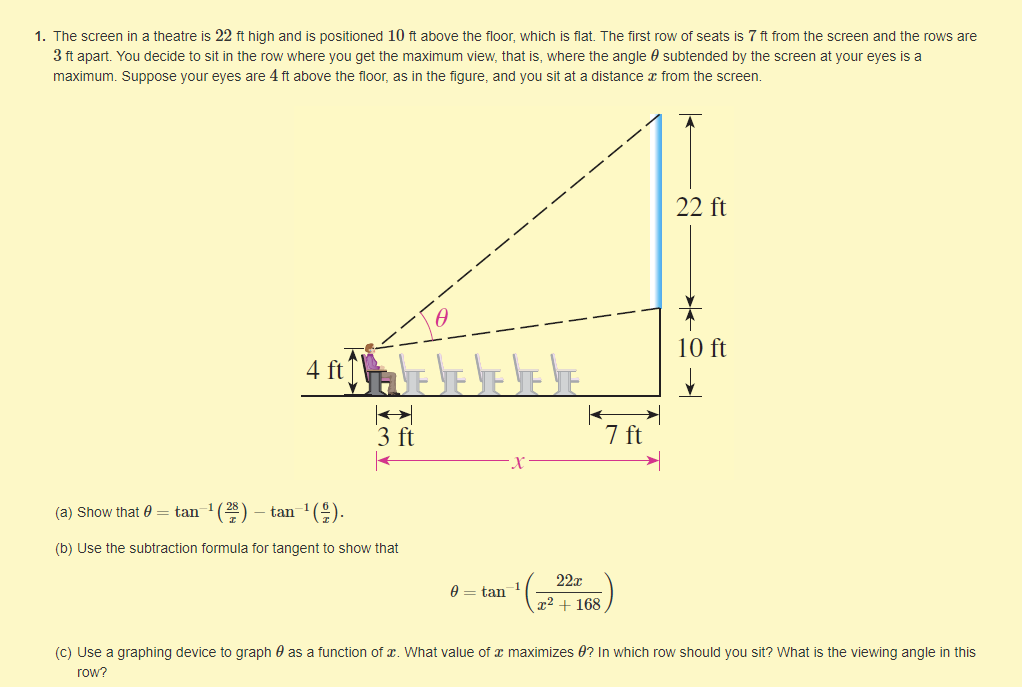 Solved 1. The screen in a theatre is 22ft high and is | Chegg.com
