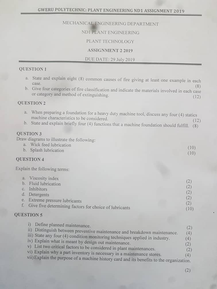 Solved GWERU POLYTECHNIC: PLANT ENGINEERING ND1 ASSIGNMENT | Chegg.com