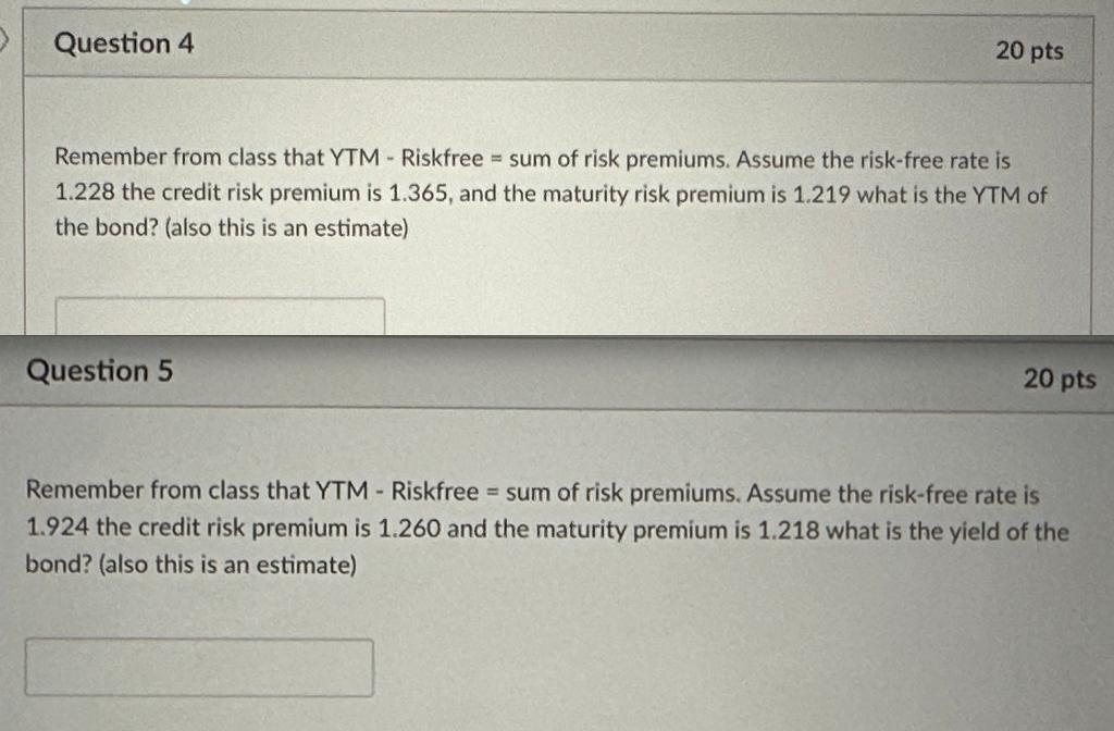 Solved Remember from class that YTM - Riskfree = sum of risk | Chegg.com