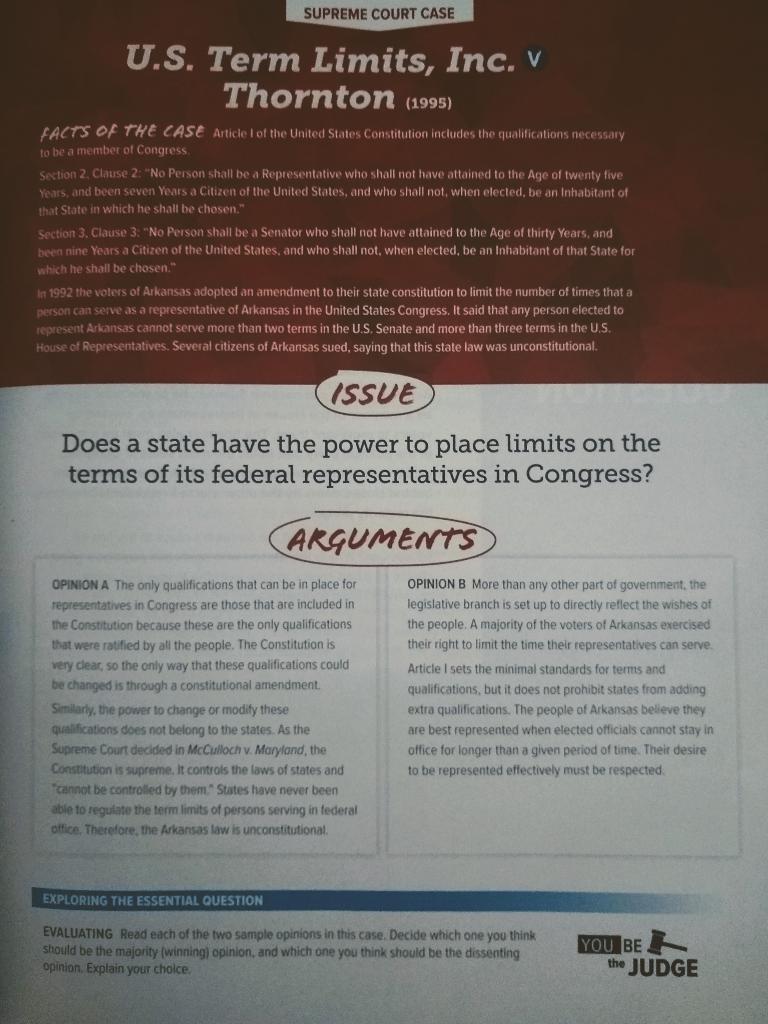 Solved SUPREME COURT CASE U.S. Term Limits, Inc. V Thornton | Chegg.com