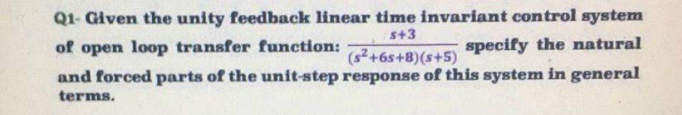Solved Q1- Given the unity feedback linear time invariant | Chegg.com
