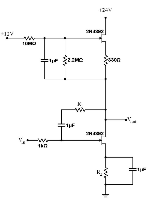 Solved +24V 2N4392 +12V 10ΜΩ 330Ω Vout 2N4392 in R2 | Chegg.com