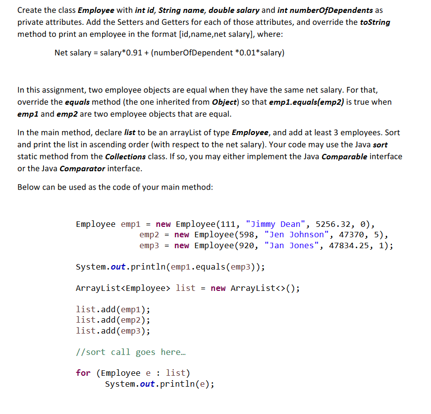 Solved Create the class Employee with int id, String name, | Chegg.com