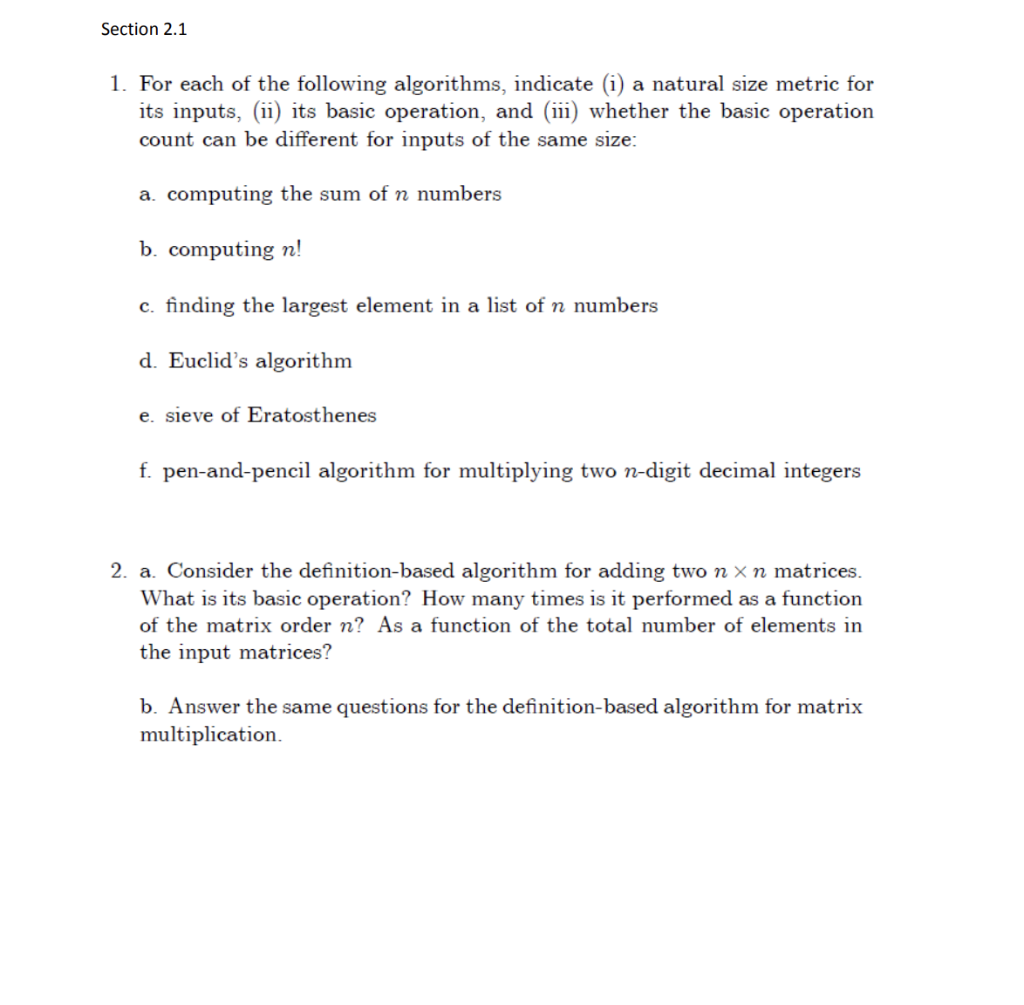 Solved Section 2.1 1. For each of the following algorithms, | Chegg.com