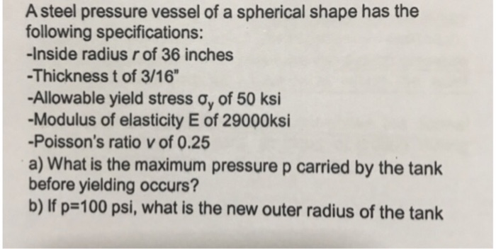 Solved A steel pressure vessel of a spherical shape has the | Chegg.com