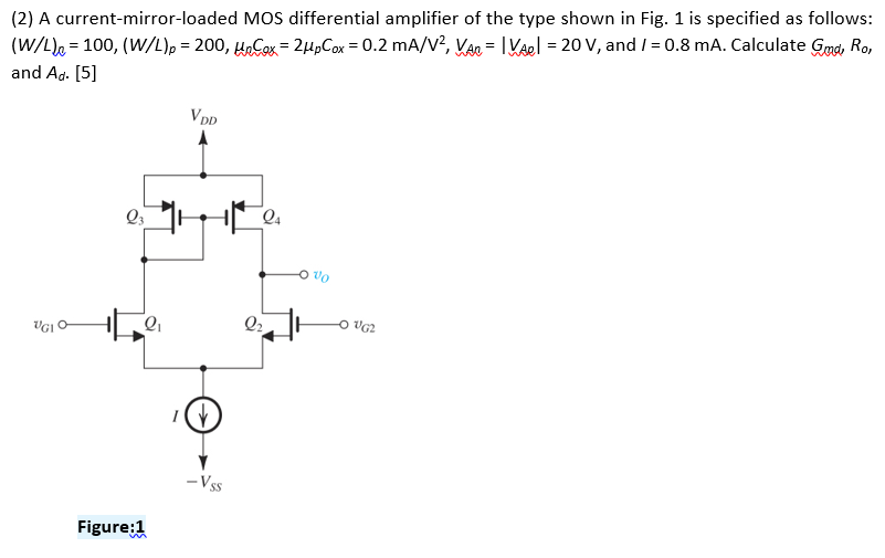 Solved (2) A current-mirror-loaded MOS differential | Chegg.com
