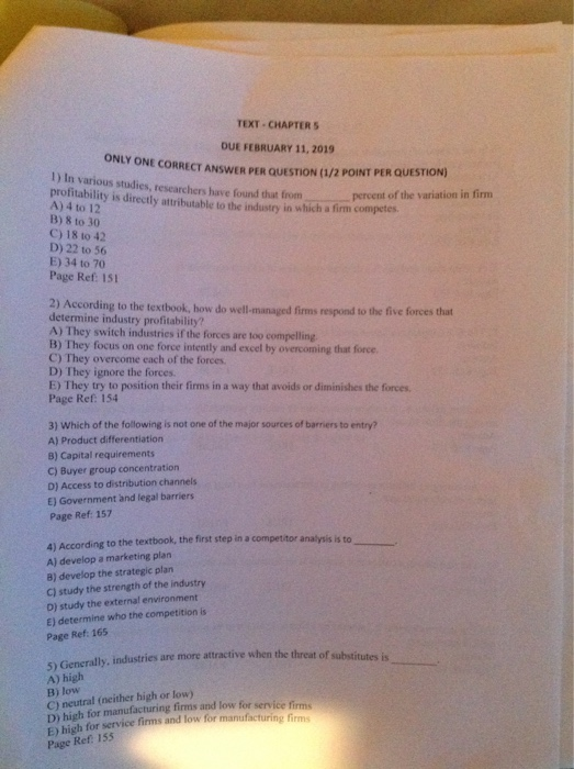 Solved TEXT CHAPTER 5 DUE FEBRUARY 11, 2019 ONLY ONE CORRECT | Chegg.com