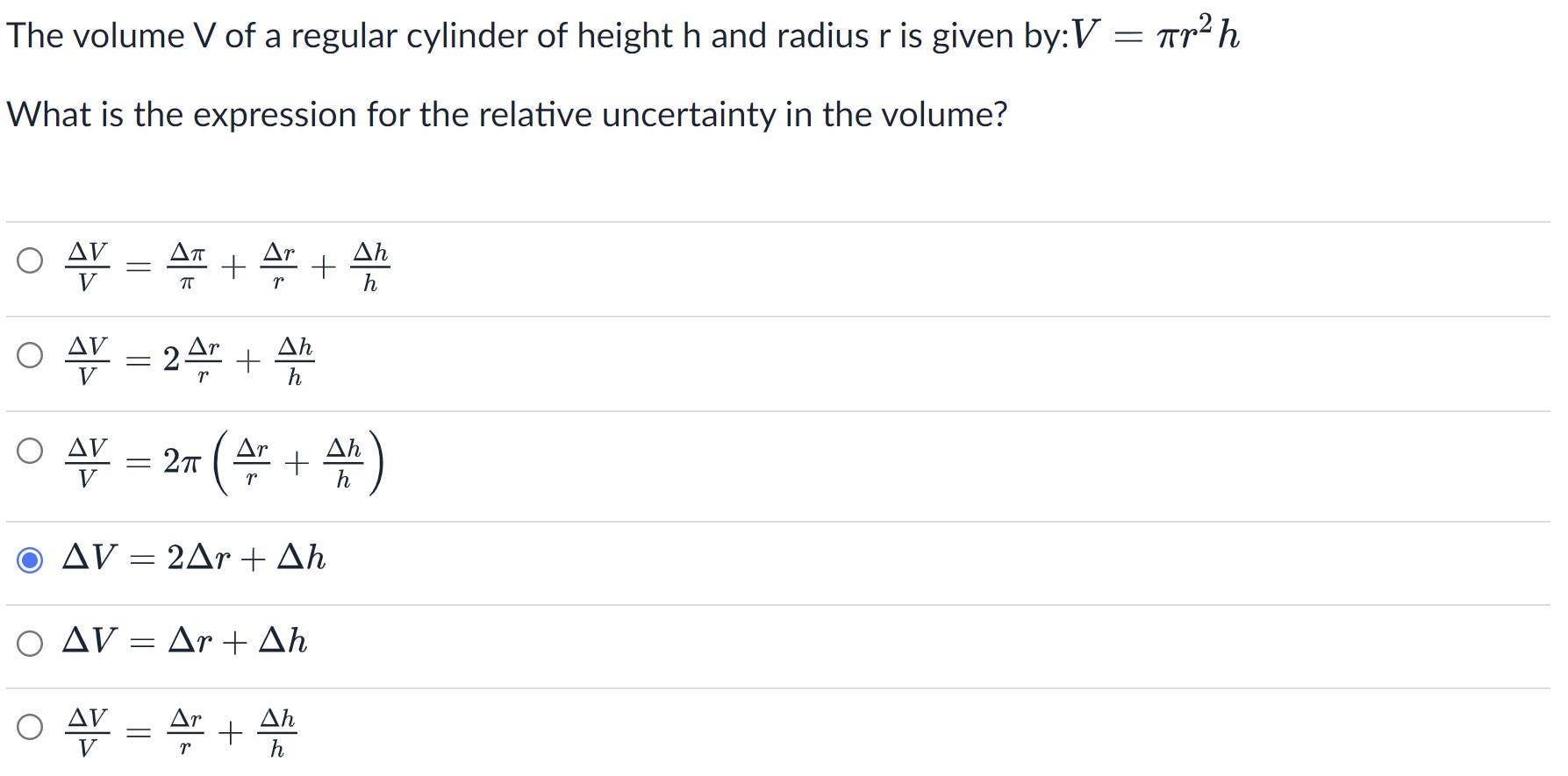 Solved The volume V of a regular cylinder of height h and | Chegg.com