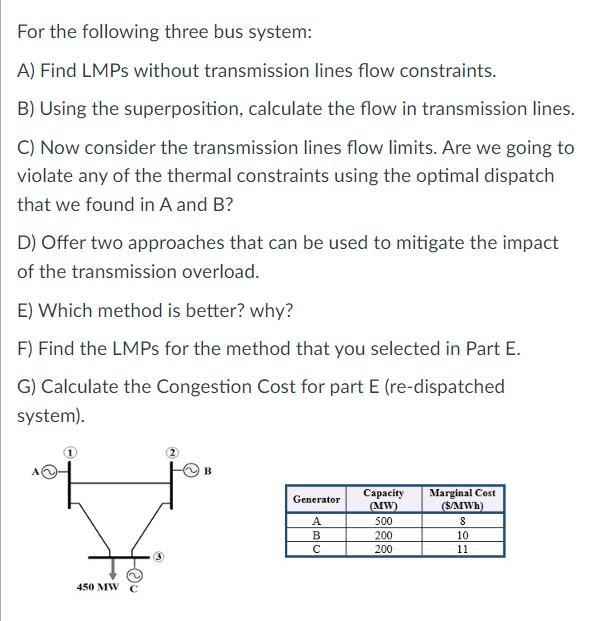 Solved For the following three bus system: A) Find LMPs | Chegg.com