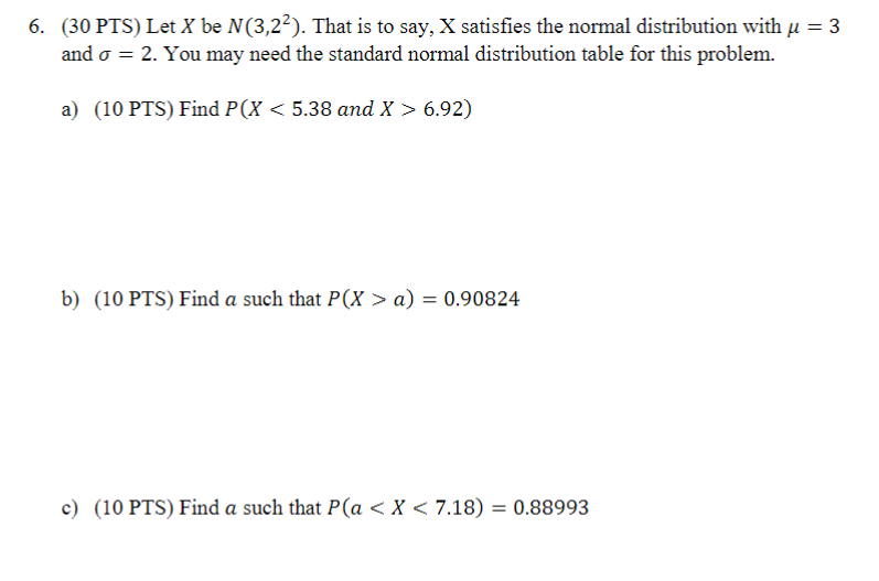 Solved 6. (30 PTS) Let X be N(3,22). That is to say, X | Chegg.com