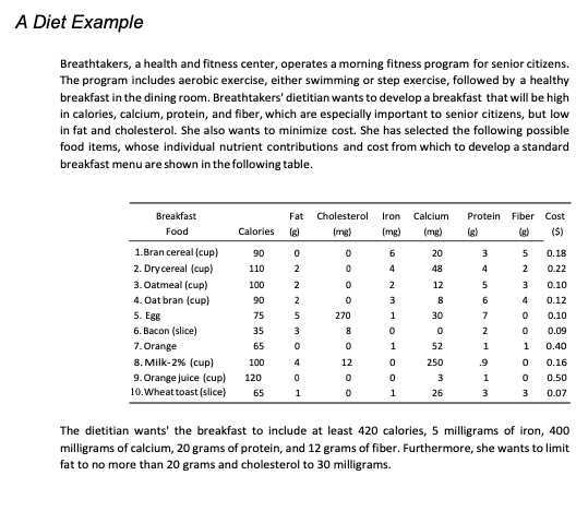 Solved A Diet Example Breathtakers, a health and fitness | Chegg.com