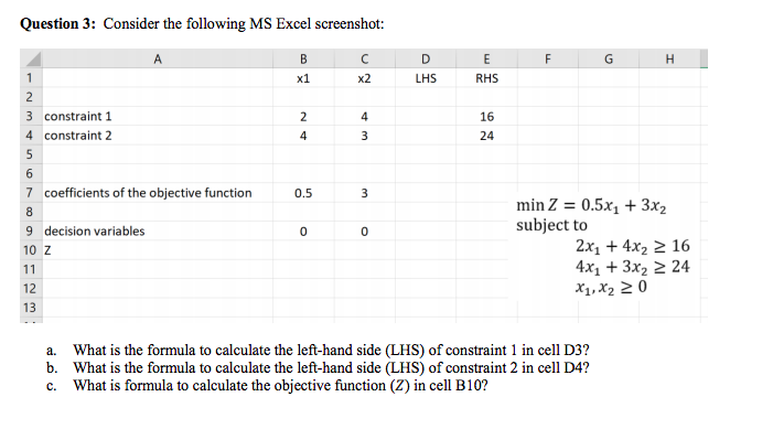 Solved Question 3: Consider the following MS Excel | Chegg.com