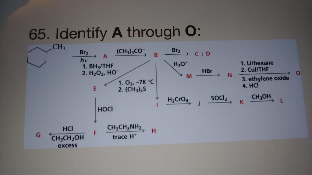 Solved 65. Identify A through O: CH3 Br2 (CH3)3CO, B ABC+ D | Chegg.com