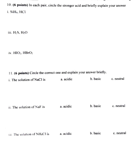 Solved 10. (6 points) In each pair, circle the stronger acid | Chegg.com