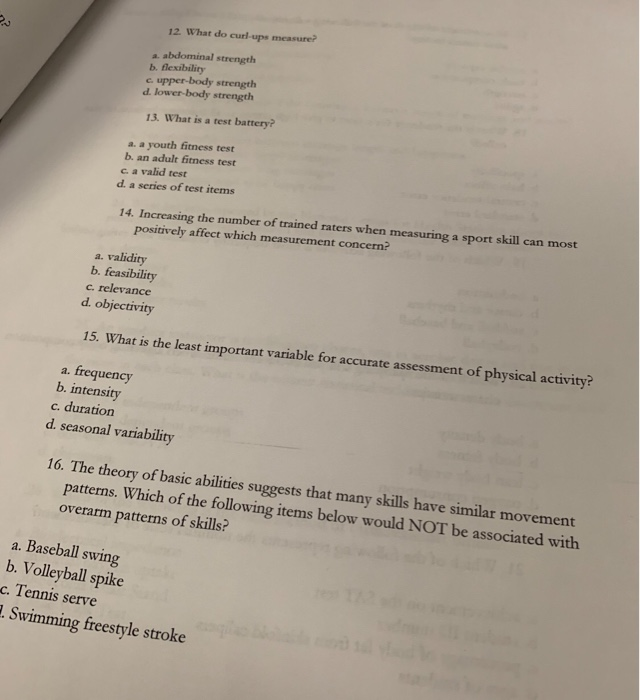 Solved 12 What do curl-ups measure? a abdominal strength | Chegg.com