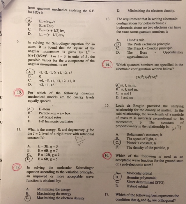 Solved For which of the following quantum mechanical models | Chegg.com