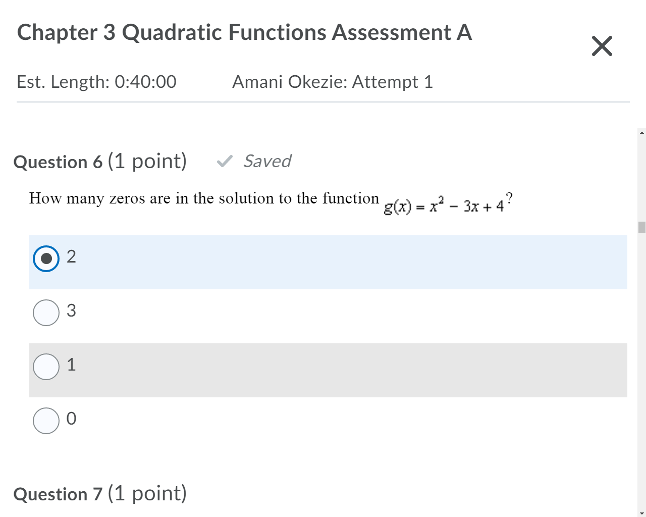 Solved Chapter 3 Quadratic Functions Assessment A Х Est. | Chegg.com