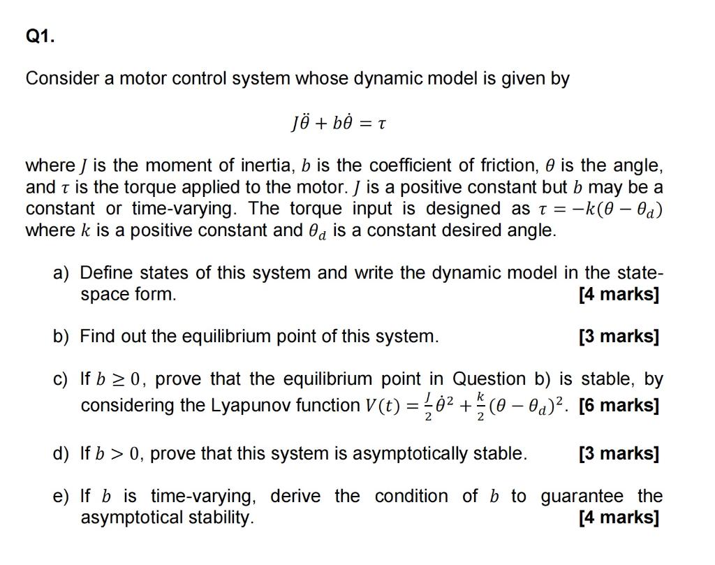 Solved Consider a motor control system whose dynamic model | Chegg.com