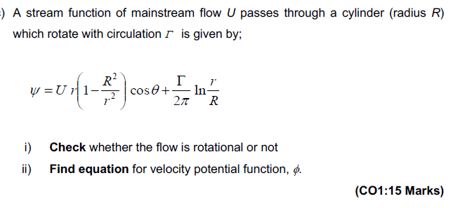 Solved ) A stream function of mainstream flow U passes | Chegg.com