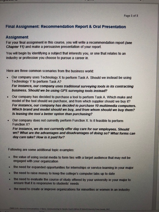 Page 1 of 3 Final Assignment: Recommendation Report & | Chegg.com