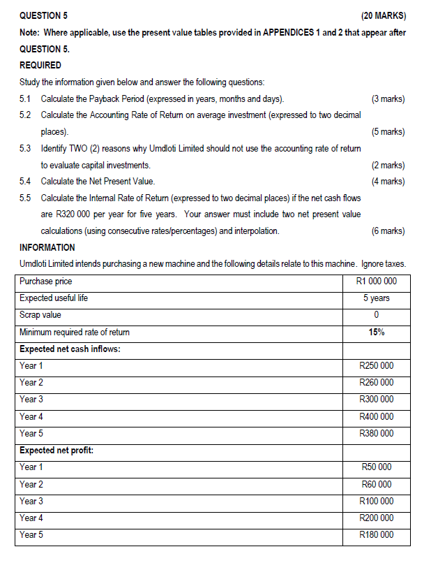 Solved QUESTION 5 (20 MARKS) Note: Where applicable, use the | Chegg.com