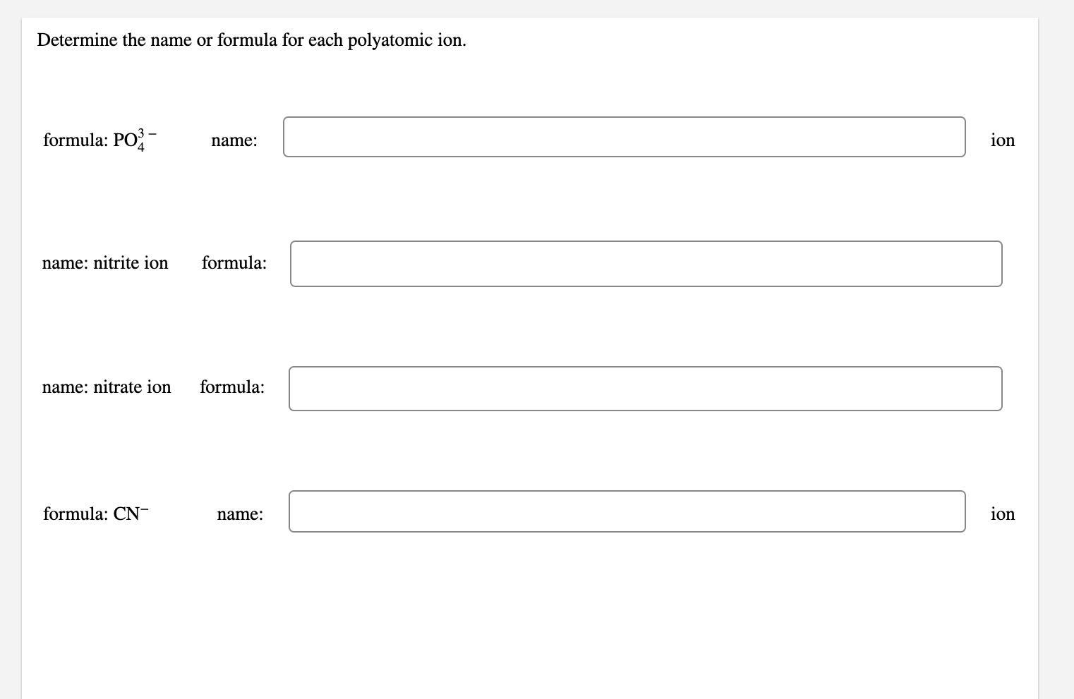 Solved Determine the name or formula for each polyatomic | Chegg.com