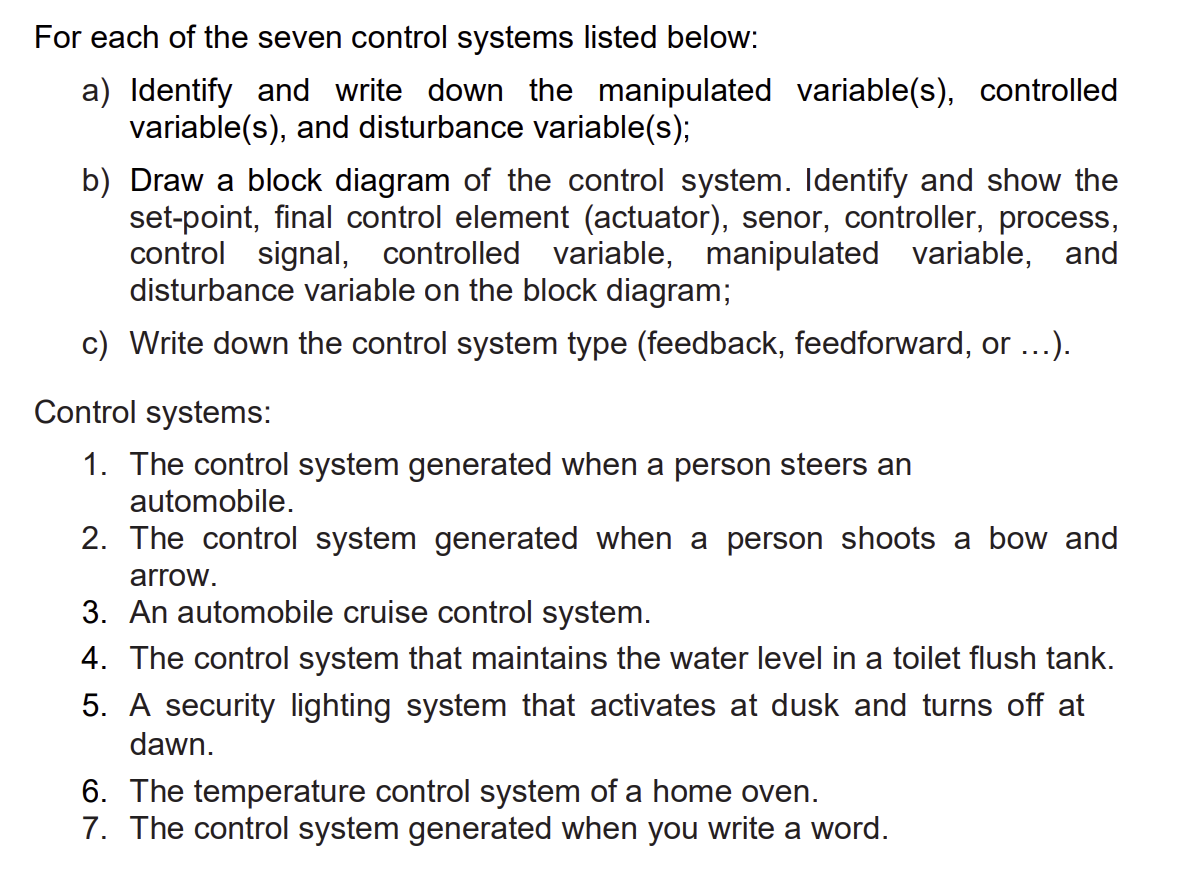 Solved For each of the seven control systems listed below: | Chegg.com