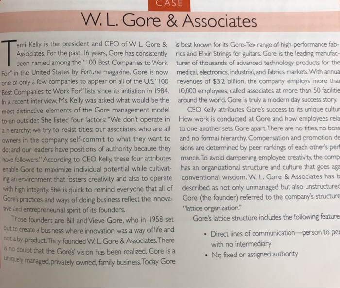 Solved CASE W.L. Gore & Associates erri Kelly is the | Chegg.com