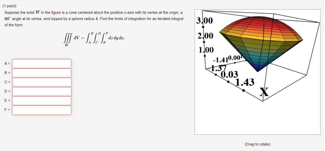 Solved (1 point) Suppose the solid W in the figure is a cone | Chegg.com