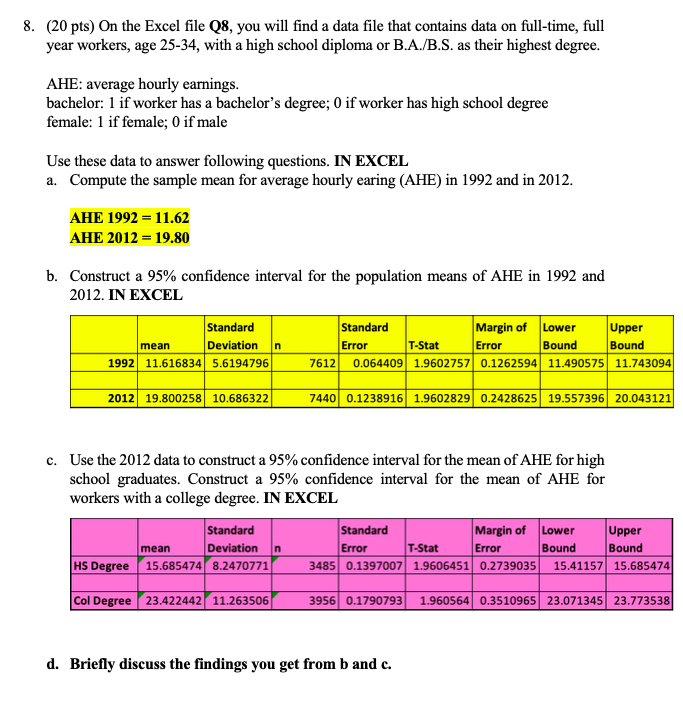 8. (20 pts) On the Excel file Q8, you will find a | Chegg.com
