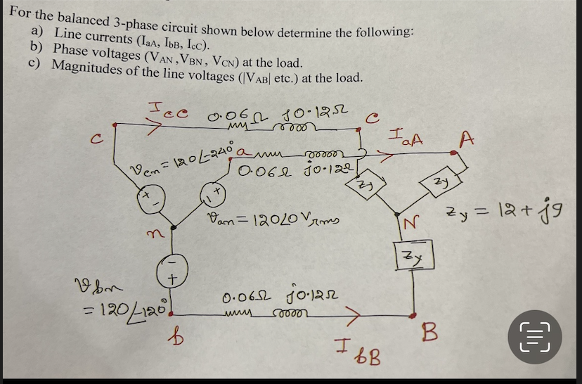 Solved For the balanced 3-phase circuit shown below | Chegg.com