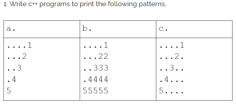 Solved 1. Write C++ programs to print the following | Chegg.com