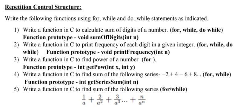 Solved Repetition Control Structure: Write the following | Chegg.com
