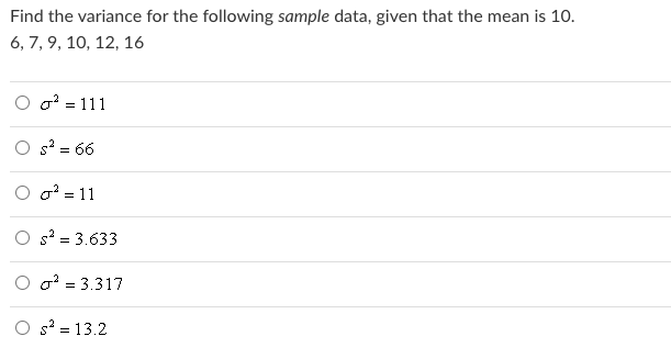 Solved Find the variance for the following sample data, | Chegg.com
