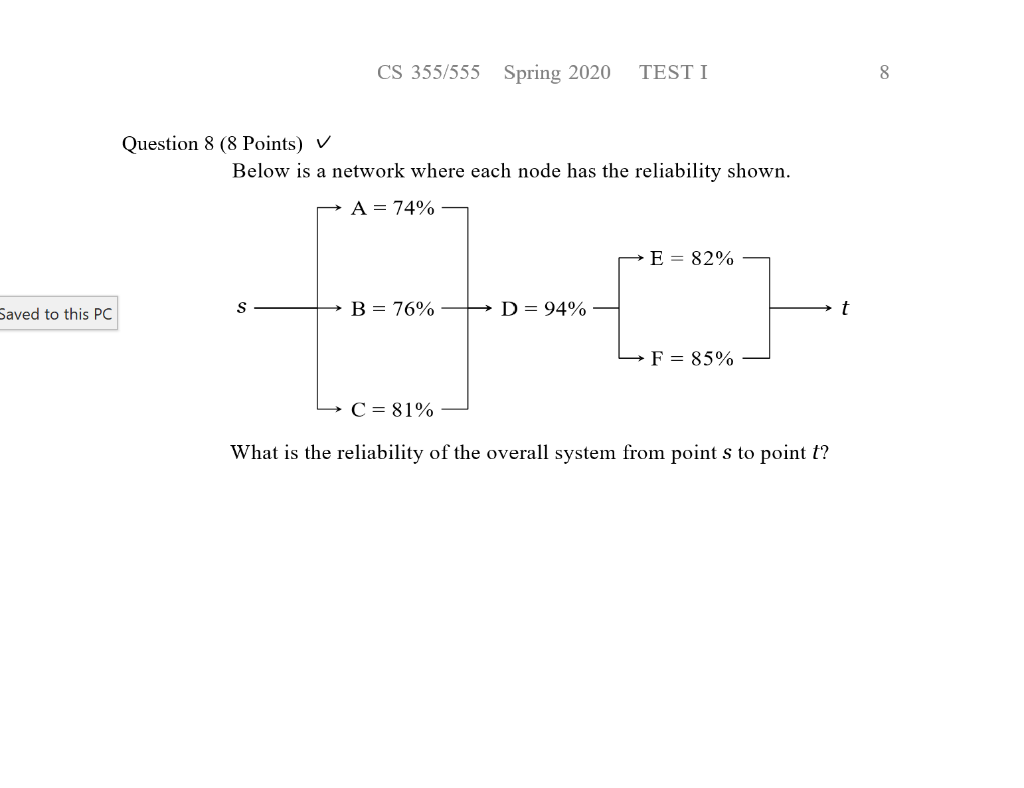 CS 355/555 Spring 2020 TESTI 8 Question 8 (8 Points) | Chegg.com