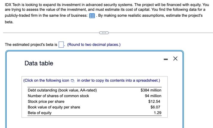 Solved IDX Tech is looking to expand its investment in | Chegg.com
