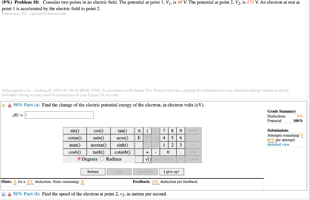 Solved (9\%) Problem 10: Consider two points in an electric | Chegg.com Solved (9\%) Problem 10: Consider two points in an electric | Chegg.com
