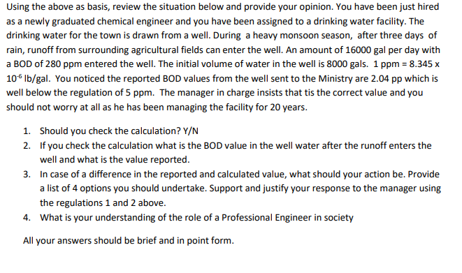 Solved I am looking for BOD value in the well water after | Chegg.com