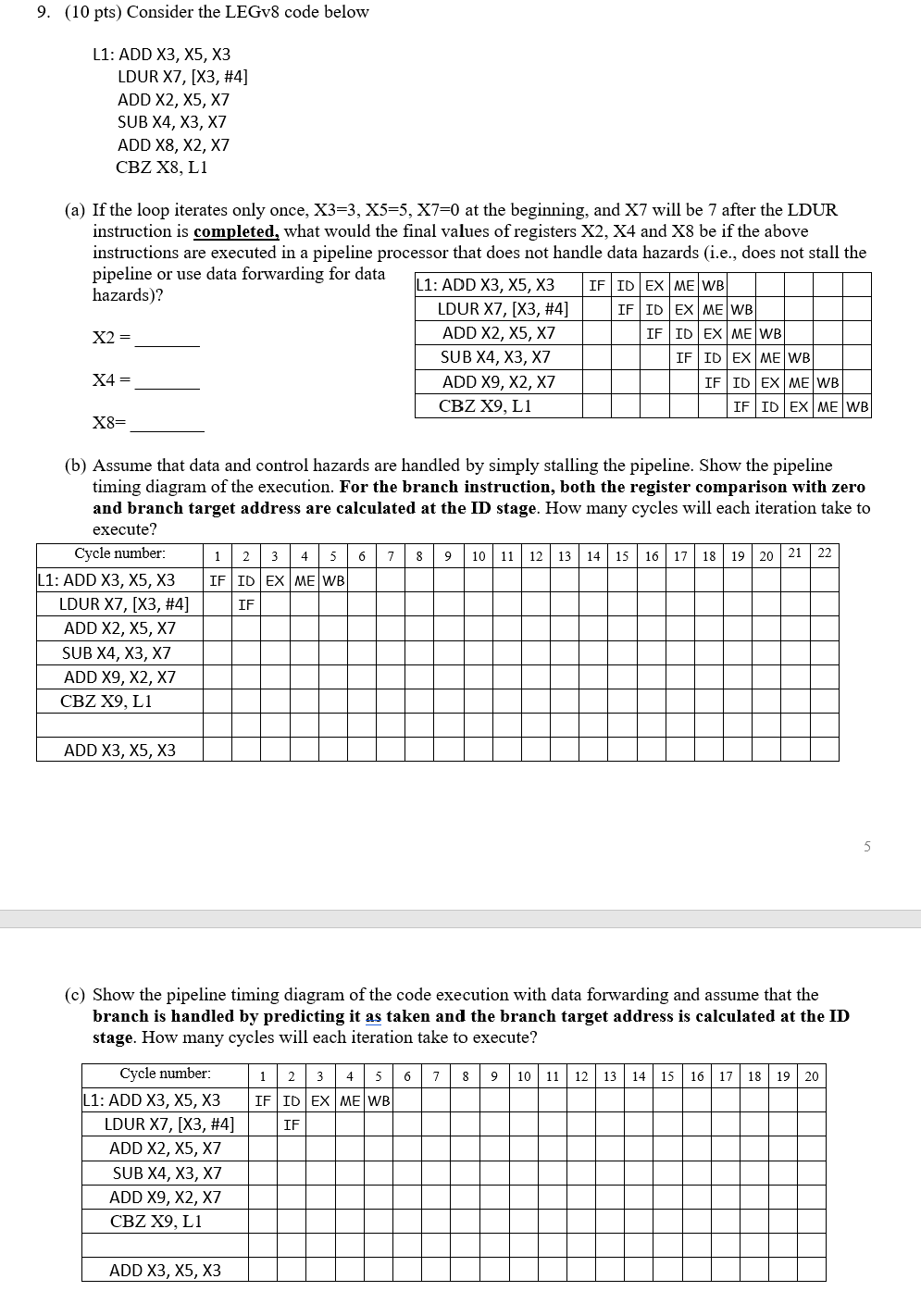 Solved 9. (10 pts) Consider the LEGv8 code below L1: ADD X3, | Chegg.com