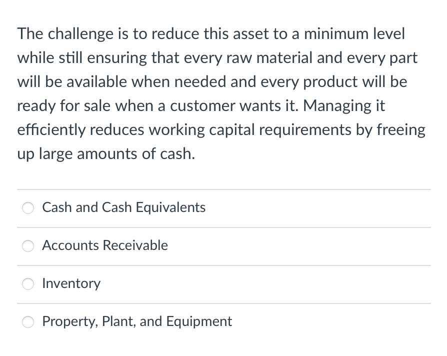 Solved The challenge is to reduce this asset to a minimum | Chegg.com
