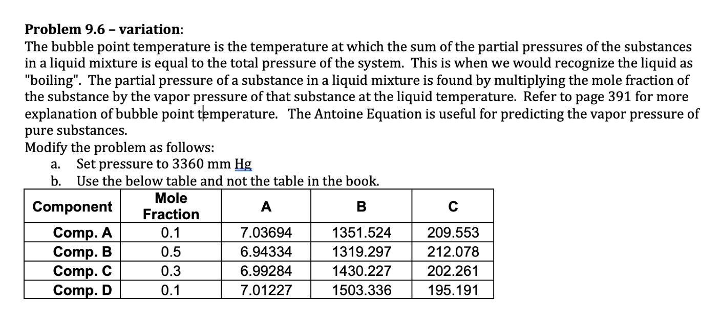 Solved Problem 9.6 - variation: The bubble point temperature | Chegg.com