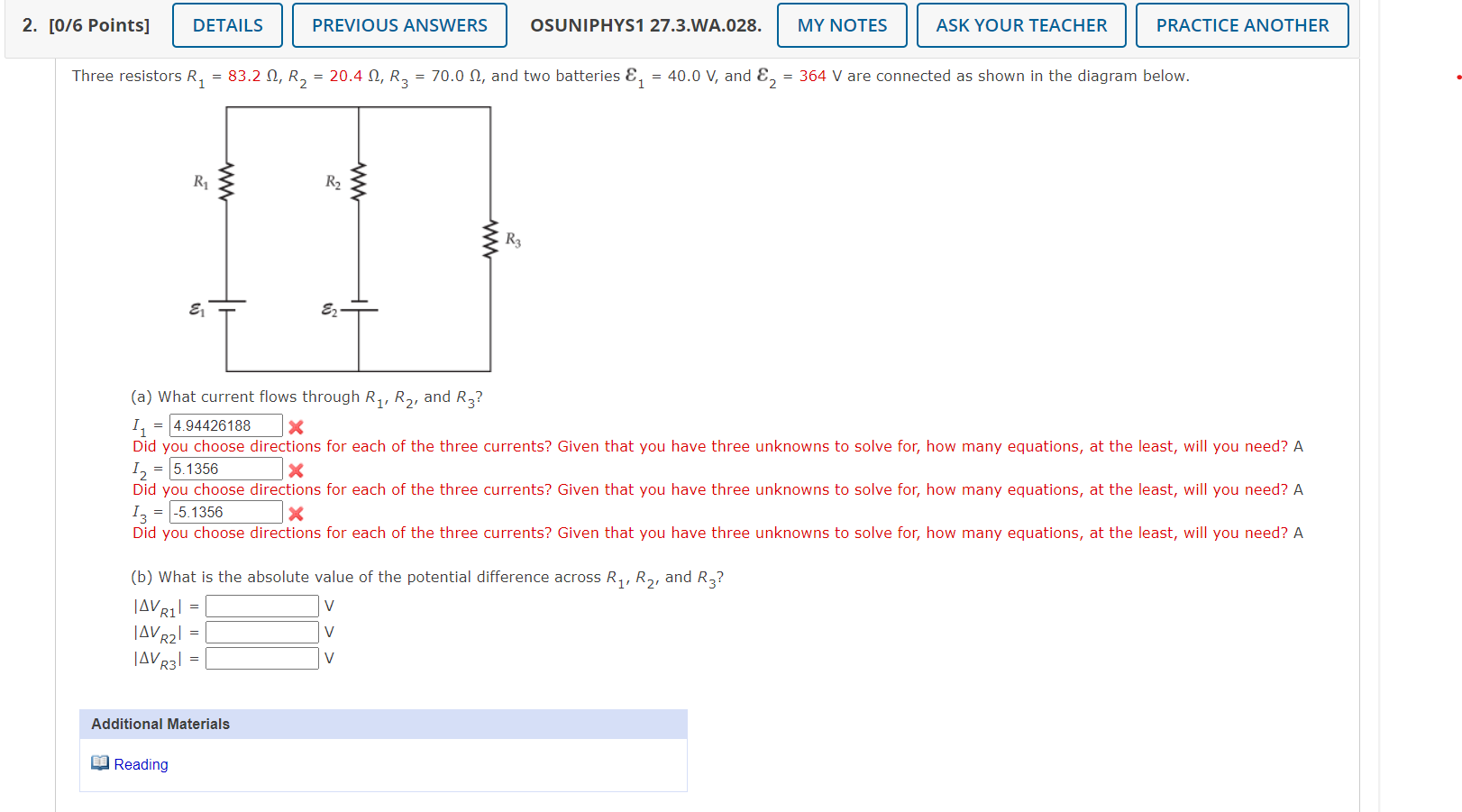 Solved hree resistors R1=83.2Ω,R2=20.4Ω,R3=70.0Ω, and two | Chegg.com