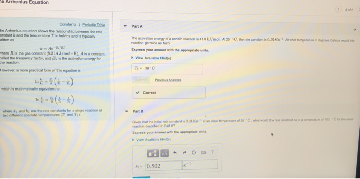 Solved é Arrhenius Equation Constants Periodic Table Part A | Chegg.com