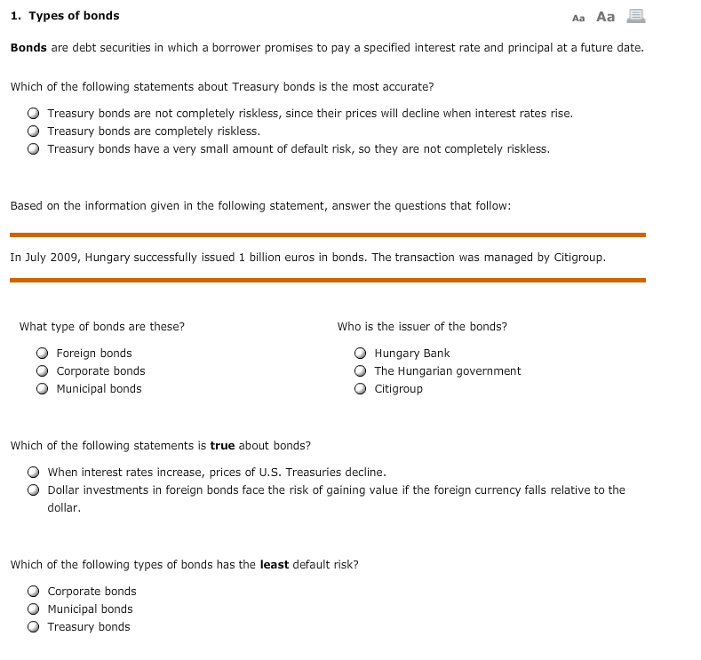 Solved 1. Types of bonds Aa Aa E Bonds are debt securities | Chegg.com