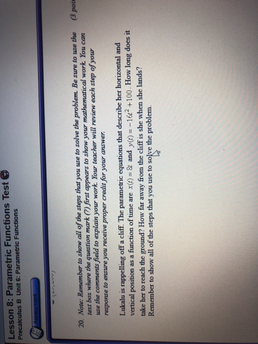 Solved Lesson 8 Parametric Functions Test Precalculus B