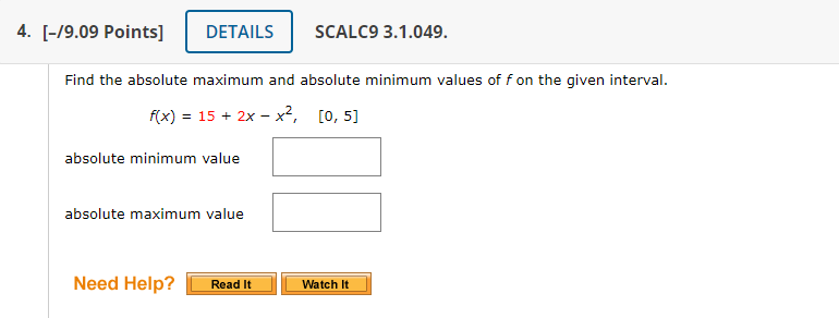 Solved 4. [-/9.09 Points] SCALC9 3.1.049. Find the absolute | Chegg.com