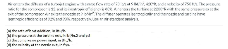 Solved Air enters the diffuser of a turbojet engine with a | Chegg.com