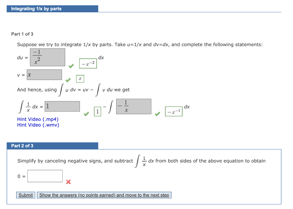 Solved Integrating 1/x by parts Part 1 of 3 Suppose we try | Chegg.com