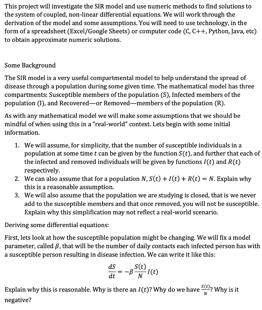 Solved This project will investigate the SIR model and use | Chegg.com